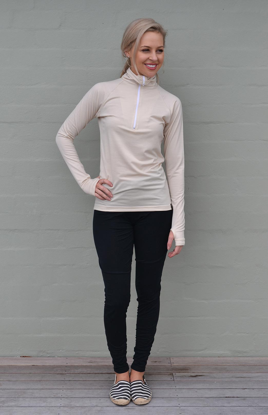 Zip Neck Top | Women's Cream Zip Neck Pull Over Style Top with thumb ...